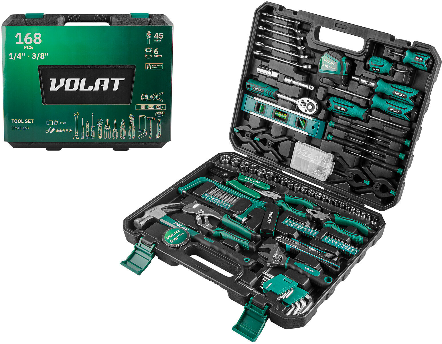 Набор инструментов для дома и автомобиля в кейсе 1/4", 3/8" 6 граней 168 предметов волат (19610-168)