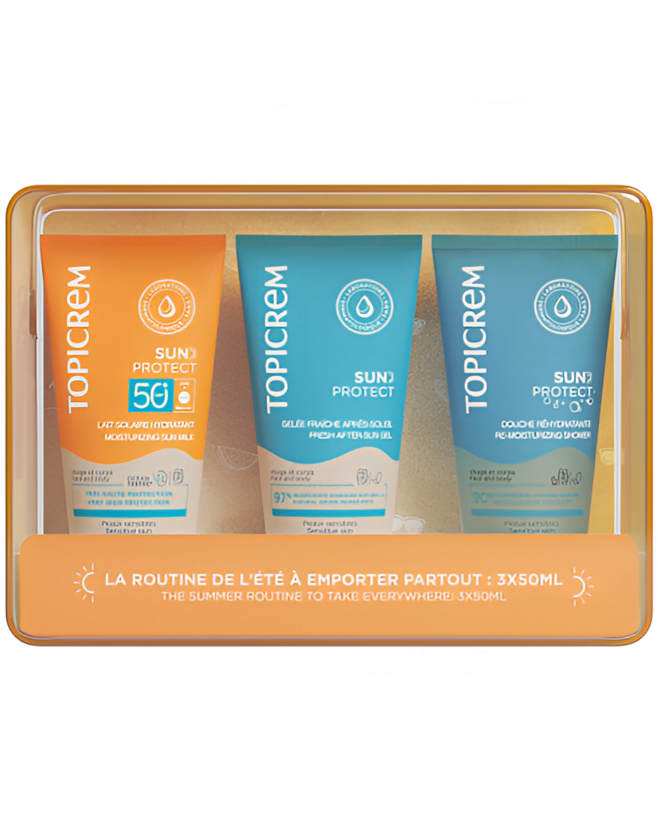 Топикрем дорожный набор (Молочко SPF50+, 50 мл + Желе после загара, 50 мл + Гель для душа, 50 мл \ TOPICREM SUN PROTECT
