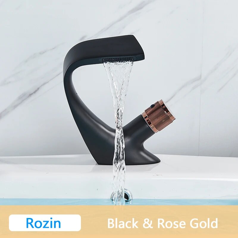 Кран для раковины Rozin Matte Black Basin Faucets Waterfall Modern Brass Bathroom Faucet Deck Mount Simple Design Crane Cold Hot Water Mixer Tap-Black B