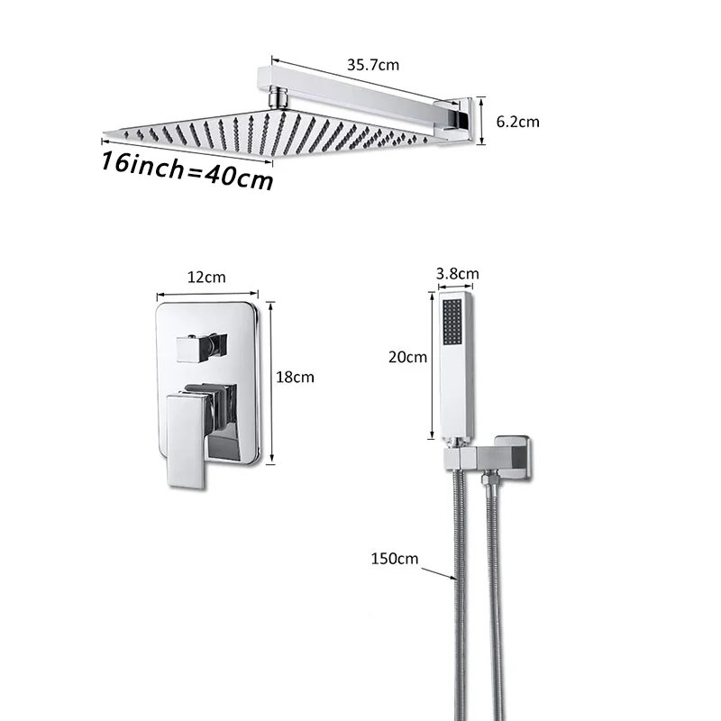 Комплект скрытых душево-ванных кранов Chrome Concealed Bathroom Rainfall Shower Faucets Set со встроенной установкой, водопадная душевая система, смесительный кран для ванны и душа - 2хходовой, 16 дюймов