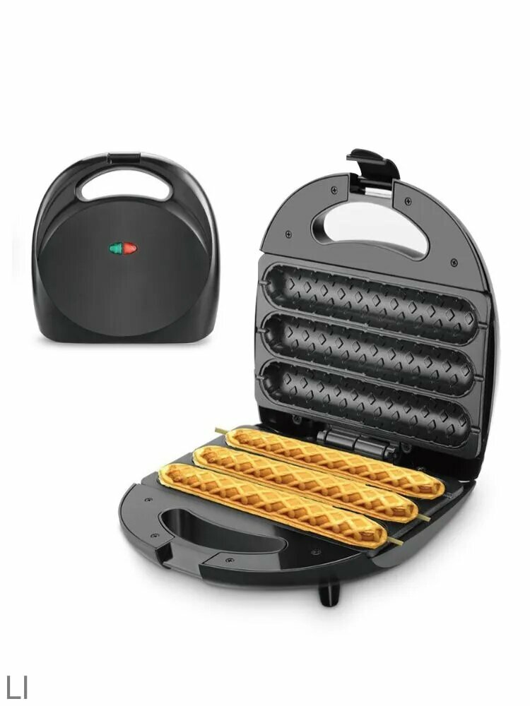 Вафельница Вафельница для корн-догов, сосисочница, приготовление хот-догов 750 Вт, черный матовый