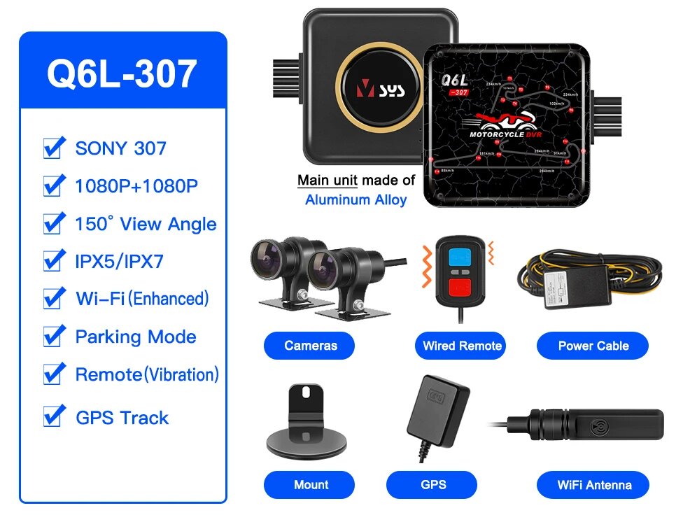 VSYS Q6L-307 GPS, водонепроницаемый видеорегистратор для мотоцикла