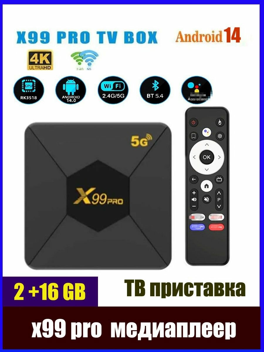X99 Pro TV Box 2+16GB Android 14 4K Смарт ТВ приставка с голосовым пультом 2025