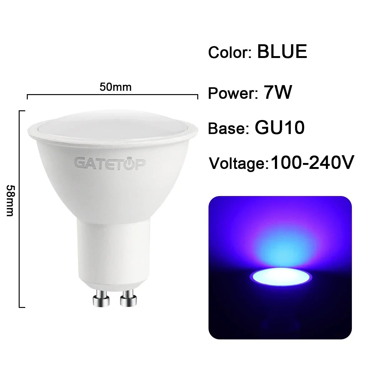 Светодиодная лампа Gatetop GU10 BLUE 7W 100-240V