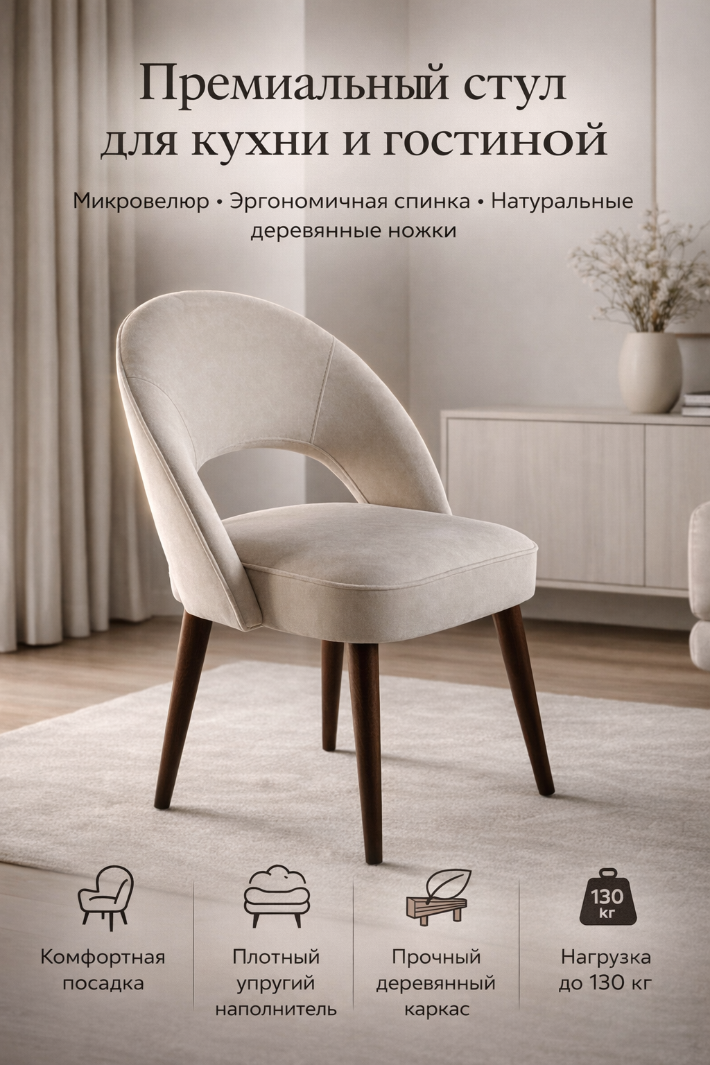 Стул для кухни, кафе, гостиной Цвет ткани: кремовый, Цвет ножек: коричневый