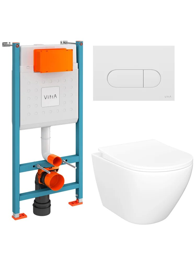 Комплект 4 в 1: Инсталляция VitrA Ви-Фикс Кор (V-Fix Core) 732-5800-01 / Унитаз подвесной STWORKI Кронборг S28401WH безободковый, с микролифтом / Кнопка Рут Раунд (Root Round) 740-2200, глянцевая белая, Комплект креплений