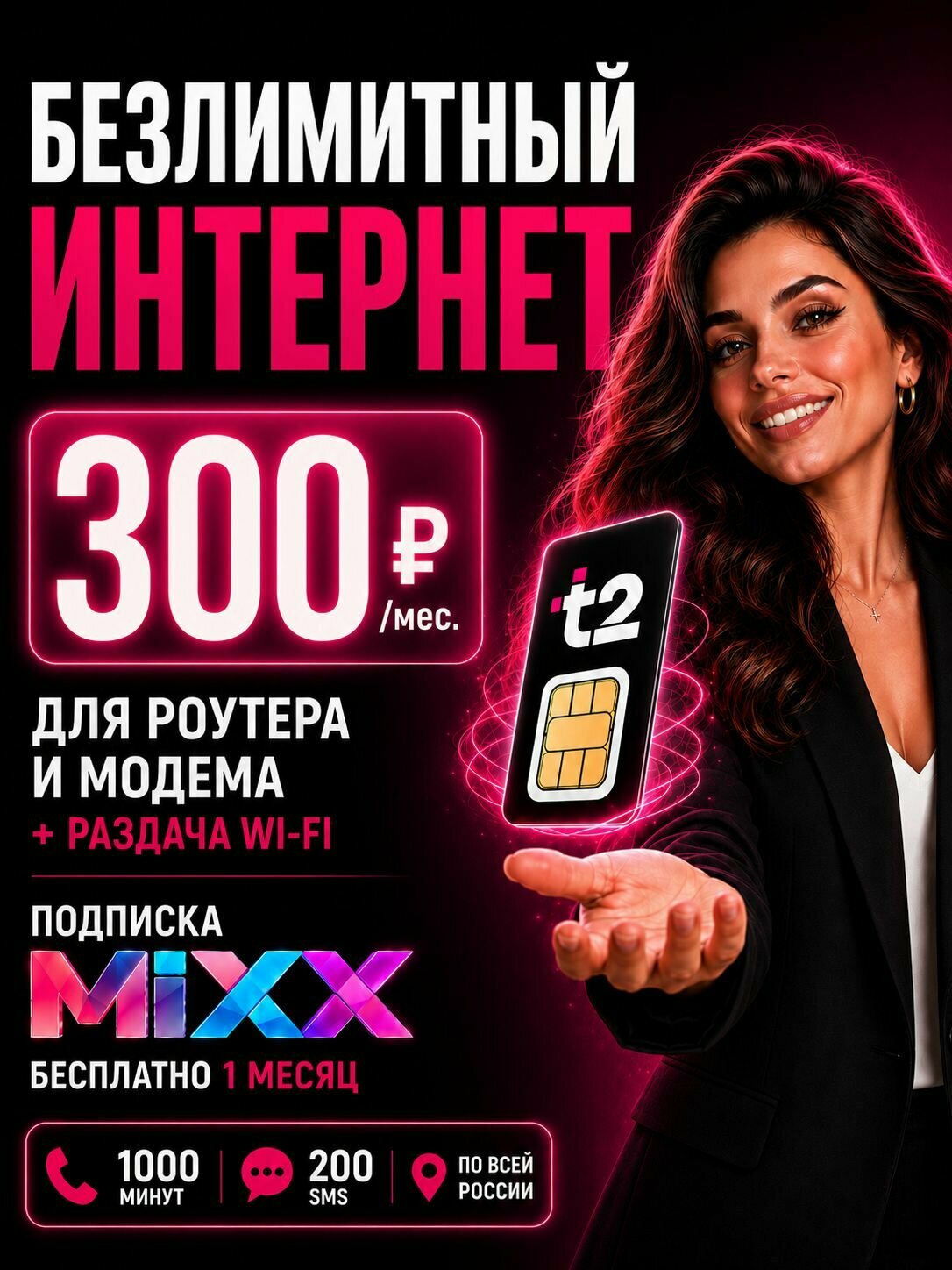 Сим карта теле 2 (симка теле 2) безлимитный интернет для роутера, модема и раздача на другие устройства, Тариф t2 "Партнер М" 300р/мес по всей России