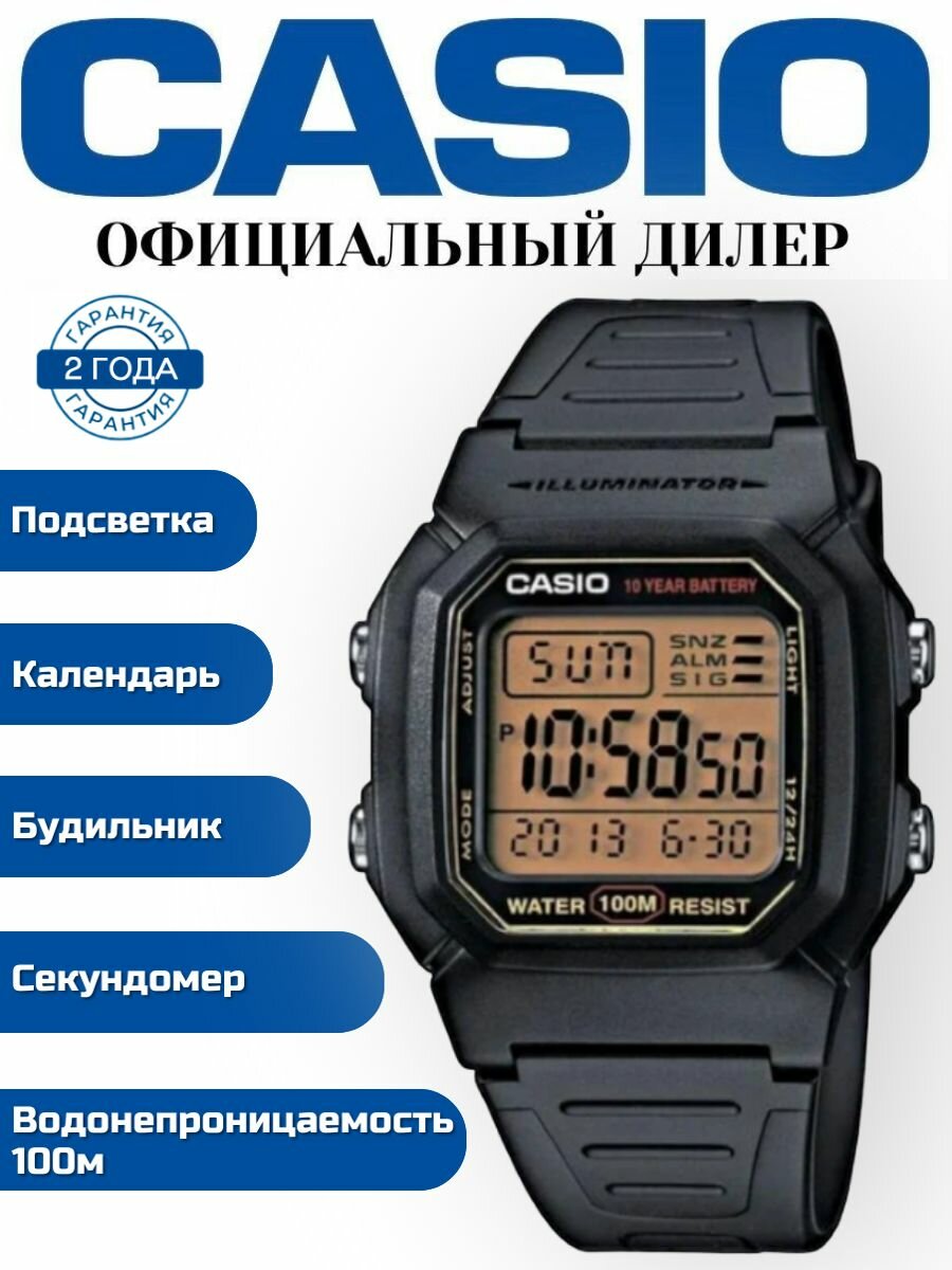 Часы наручные мужские CASIO W-800HG-9A, часы касио, подсветка, секундомер, будильник, календарь, водонепроницаемость 100WR