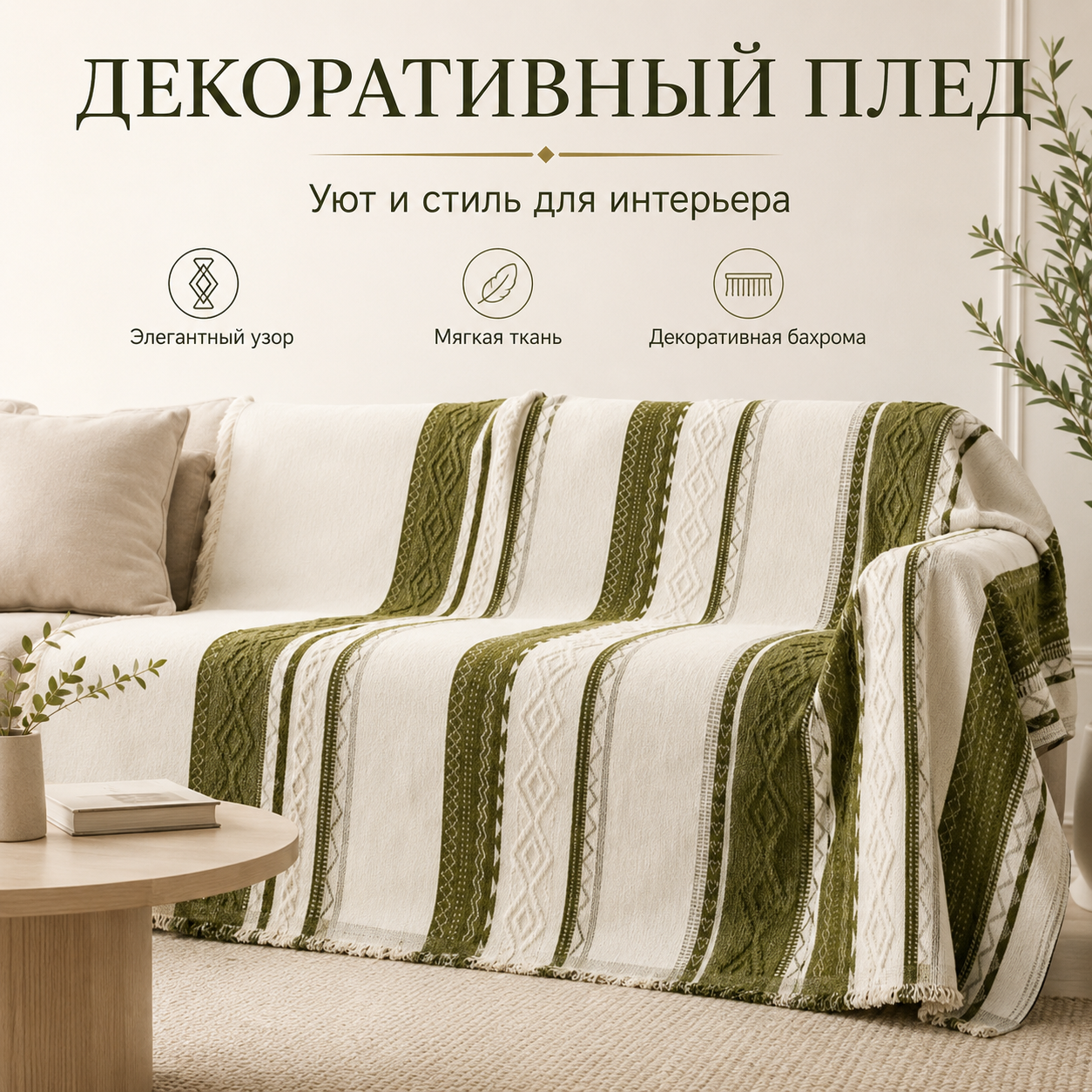 Шенилловая накидка-плед на диван, оливковые вертикальные полосы с рельефным этническим узором, мягкая ткань с бахромой