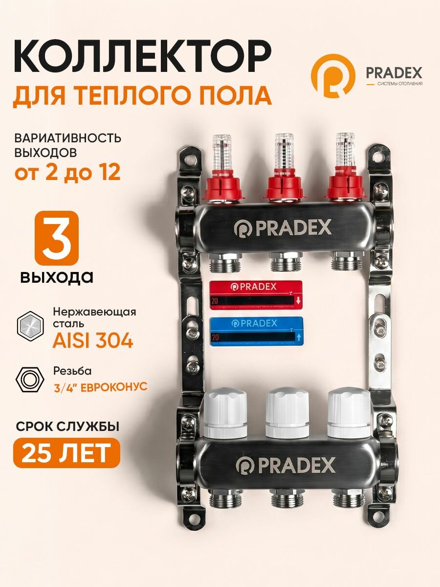 Коллекторный блок PRADEX (коллектор) из нержавеющей стали для теплого пола 1" х 3 выхода 3/4" с регулирующими клапанами и расходомерами.
