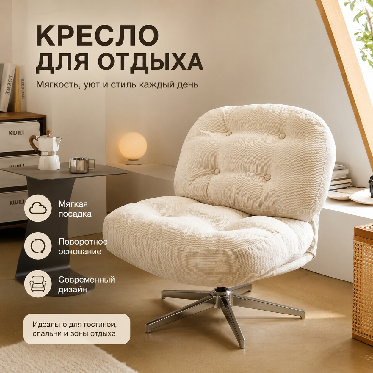 Мягкое кресло/ вращающийся, подходит для балкона, гостиной, спальни,62x50x76cm