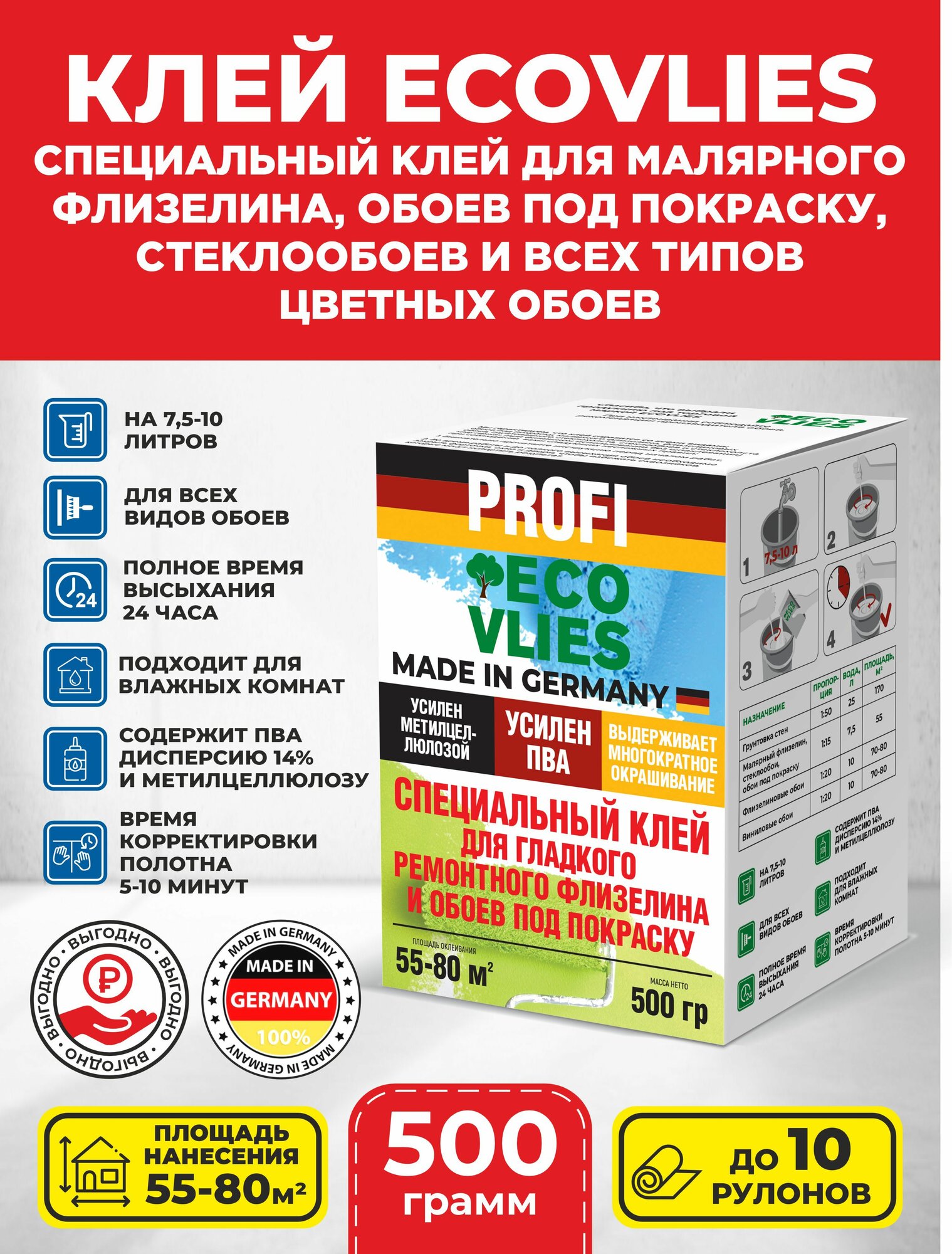 Клей Ecovlies (Экофлиз) 500 гр. Для малярного флизелина, обоев под покраску и стеклохолста Pufas (Пуфас)