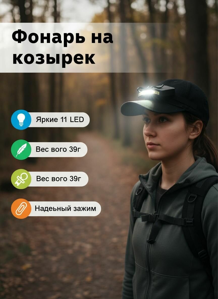 1 шт Фонарь для кепки, фонарь козырьковый, питание от 3 батареек AAA.