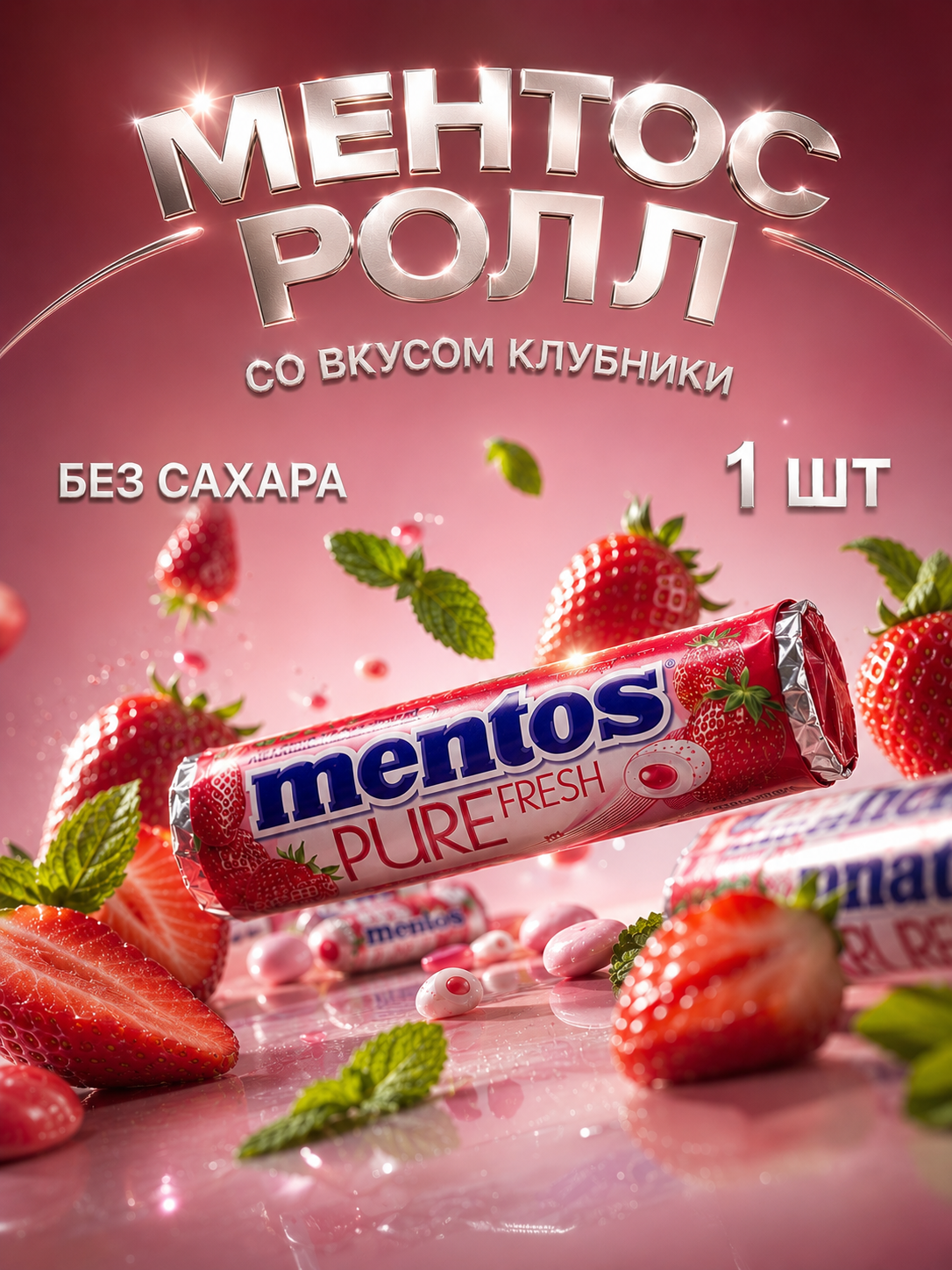 Жевательная резинка Сима-Ленд "Ментос Ролл", клубника, 1 шт, 15.5 г