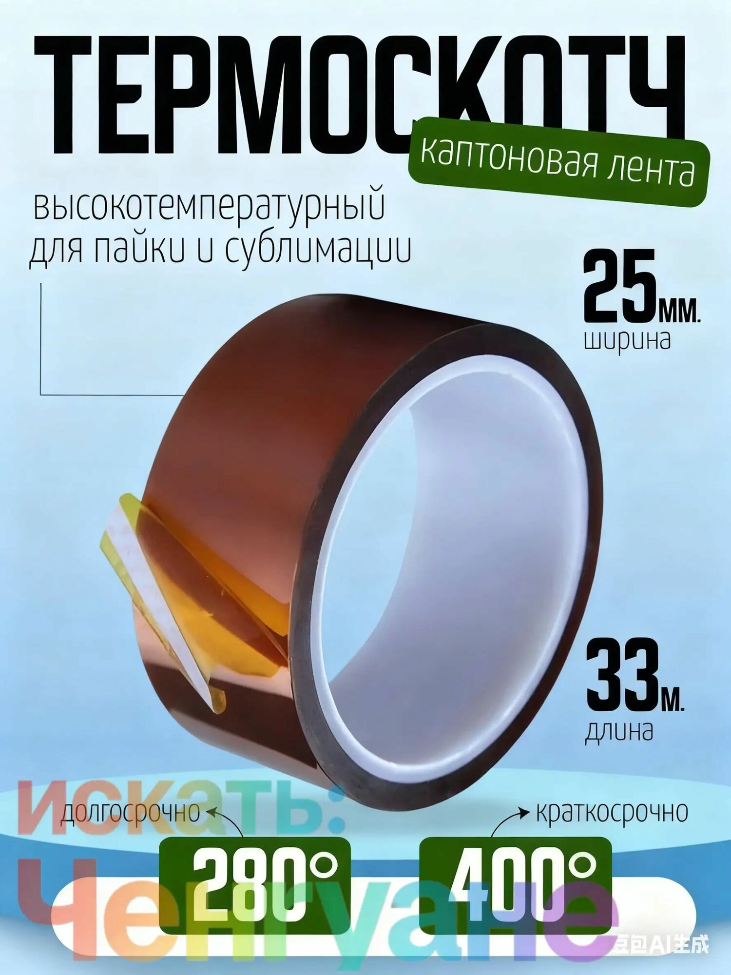 Термоскотч каптоновый усиленный клейкая лента для работы при высоких температурах клейкий слой, 25мм. 33 м.