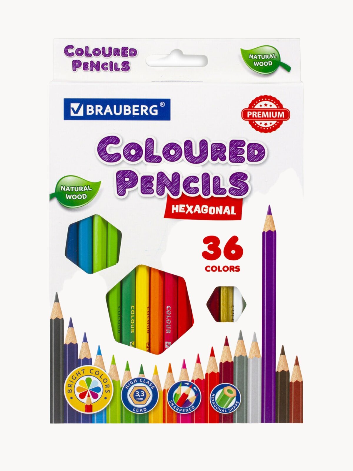 Карандаши деревянные цветные Brauberg Premium, 36 цветов, шестигранные, грифель мягкий 3,3мм, натуральное дерево, 181659