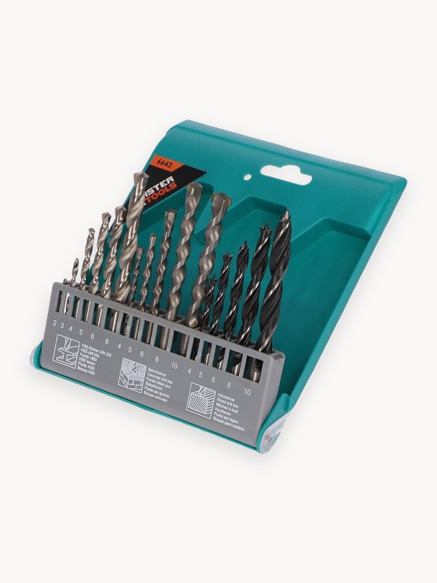 Набор сверл FASTER TOOLS по металлу, бетону, дереву 16 штук