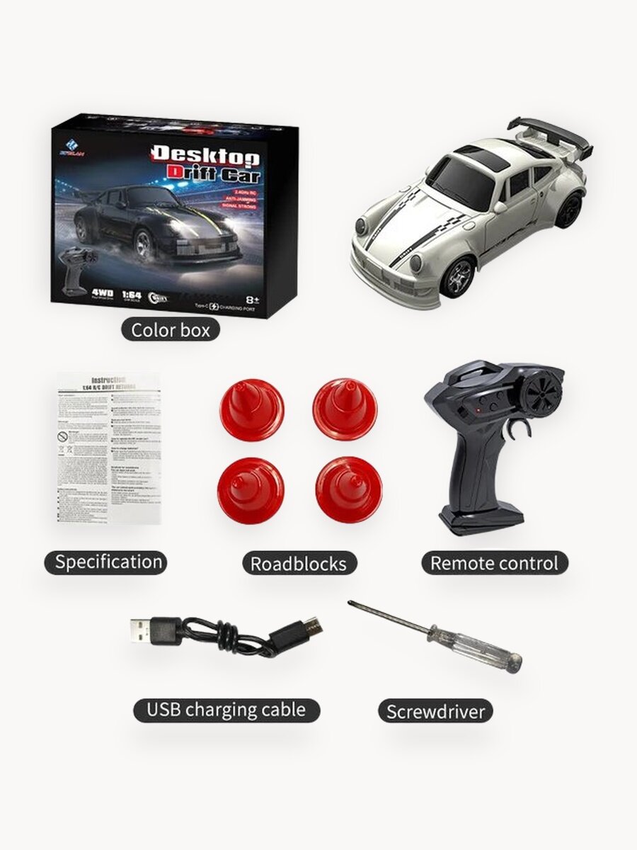 Радиоуправляемая машинка, мини-дрифт кар, дрифтмашинка 1:64, 4WD, свет - белый Porsche