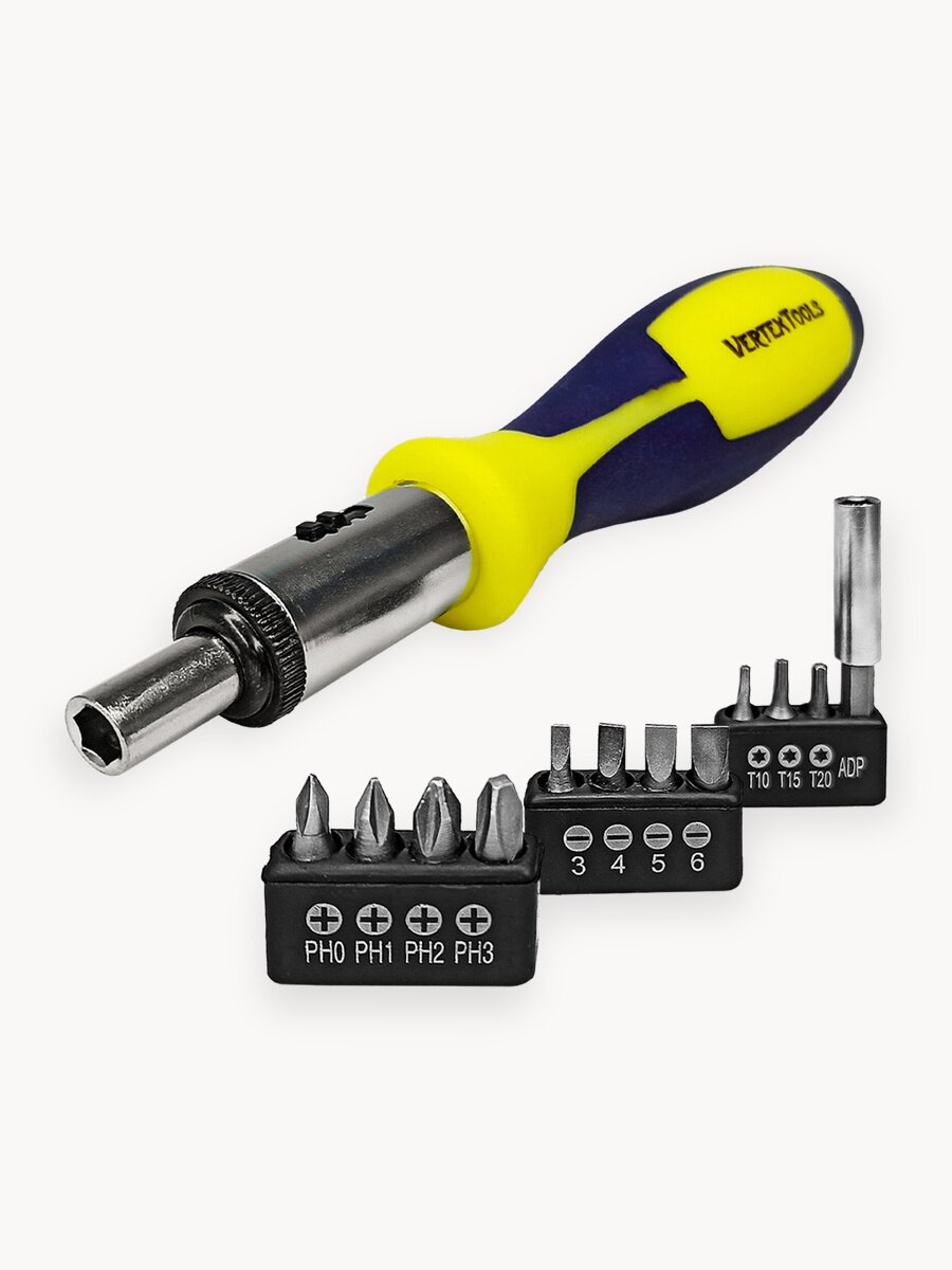 Отвертка реверсивная с набором бит VertexTools 11 бит + магнитная головка