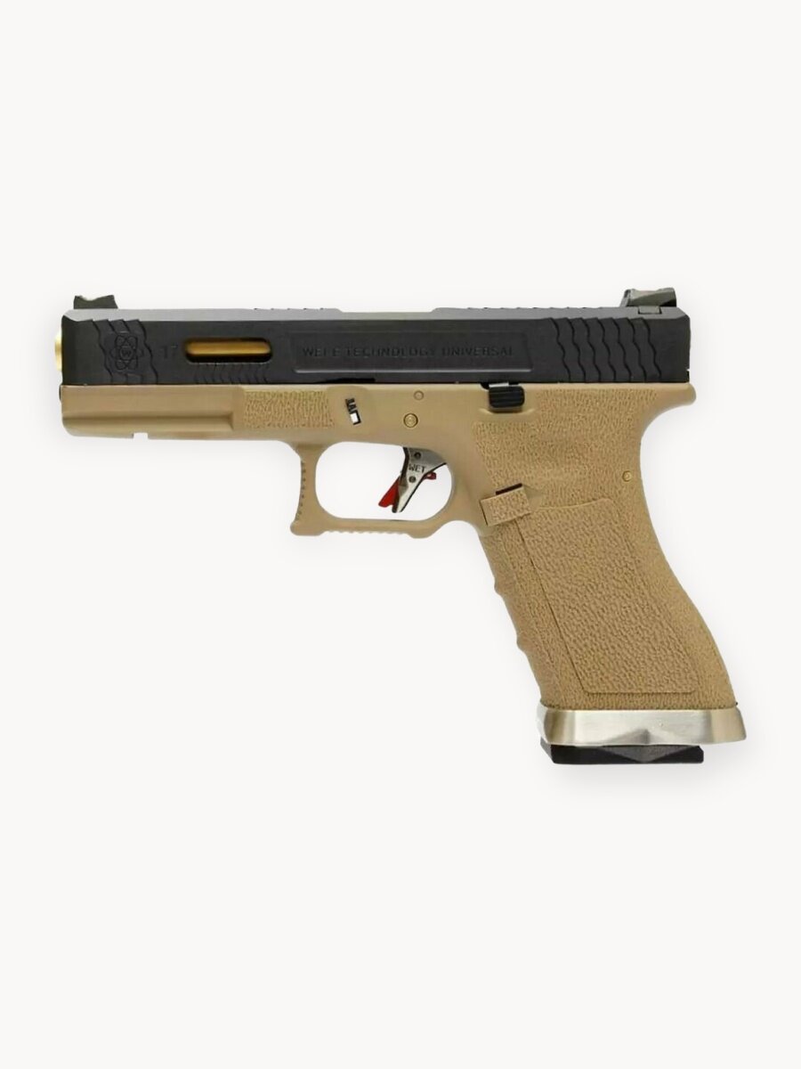 Пистолет WE GLOCK-17 G-Force металл слайд, ТАН рамка, чёрн слайд, зол ствол
