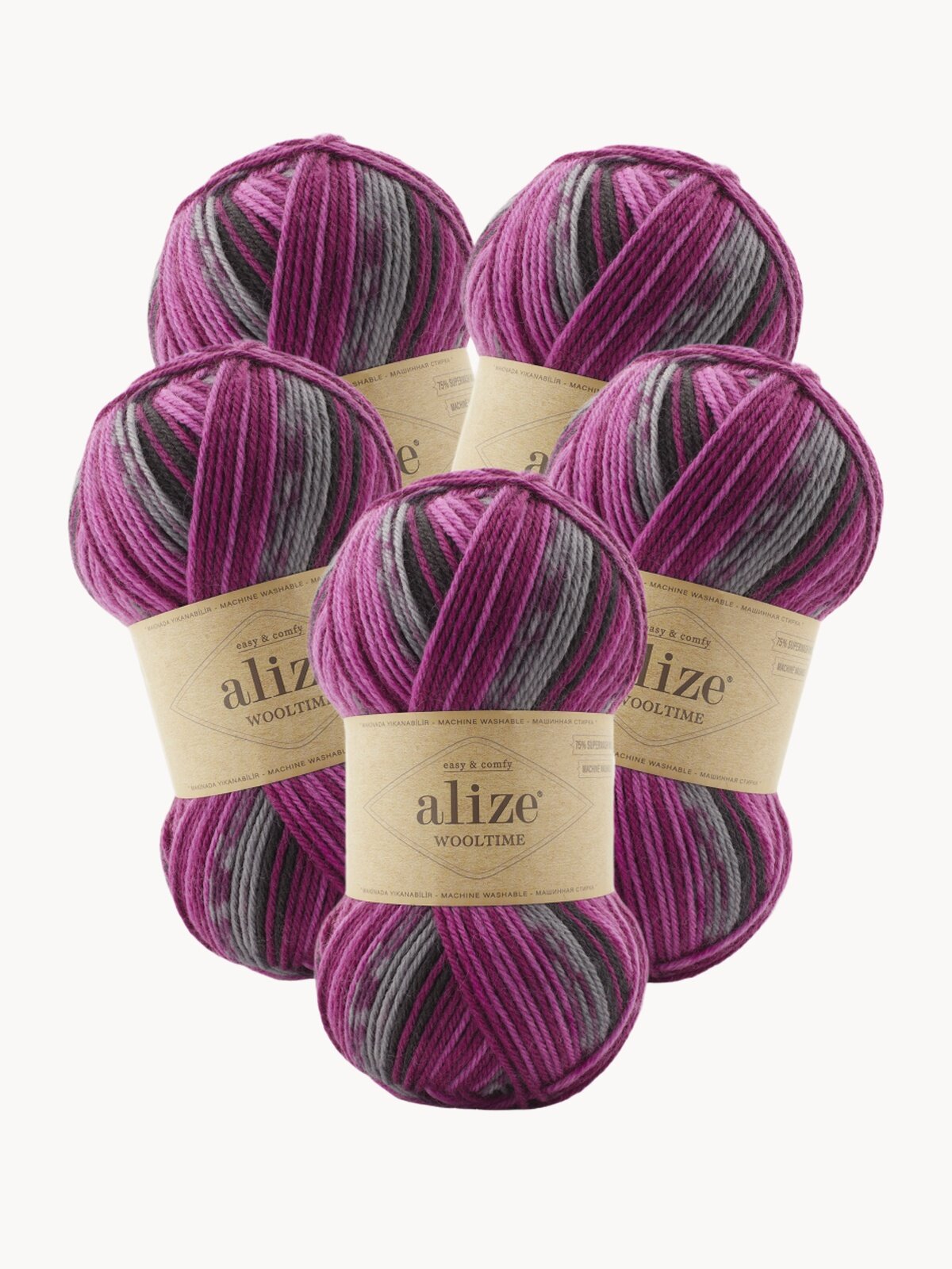 Пряжа для вязания Alize Wooltime, 5 мотков(200 м,100 гр), цвет 11018 фуксия-серый-коричневый