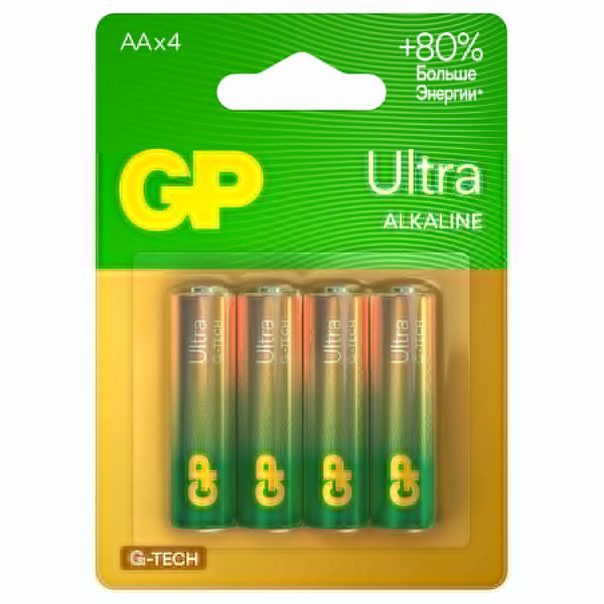 Батарейка GP Ultra G-Tech AA/LR6 (15AU алкалиновая, BC4, блистер, 4шт.) (GP 15AUA21-2CRSBC4), 10 уп.