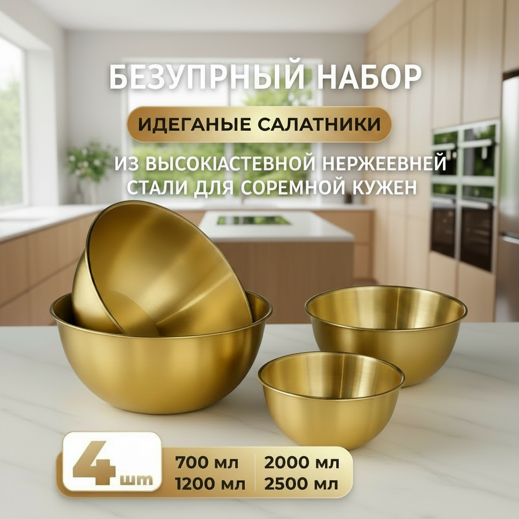 Набор из 4 золотых мисок Shiny Kitchen 2.5 литра нержавейка
