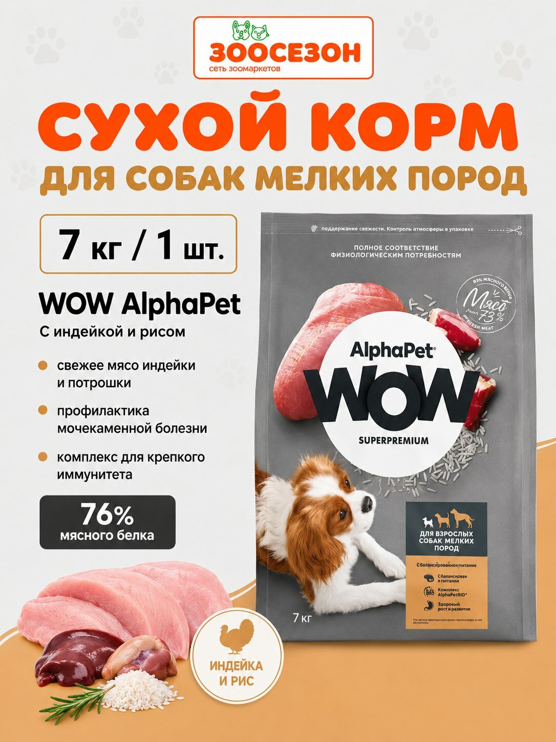 AlphaPet Сухой корм WOW для мелких пород собак мини с индейкой и рисом 7 кг
