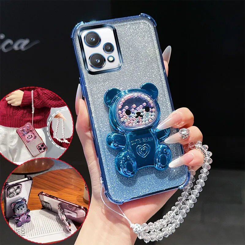Чехол Realme 9 Pro 5G с милым медведем и цепочкой, синий