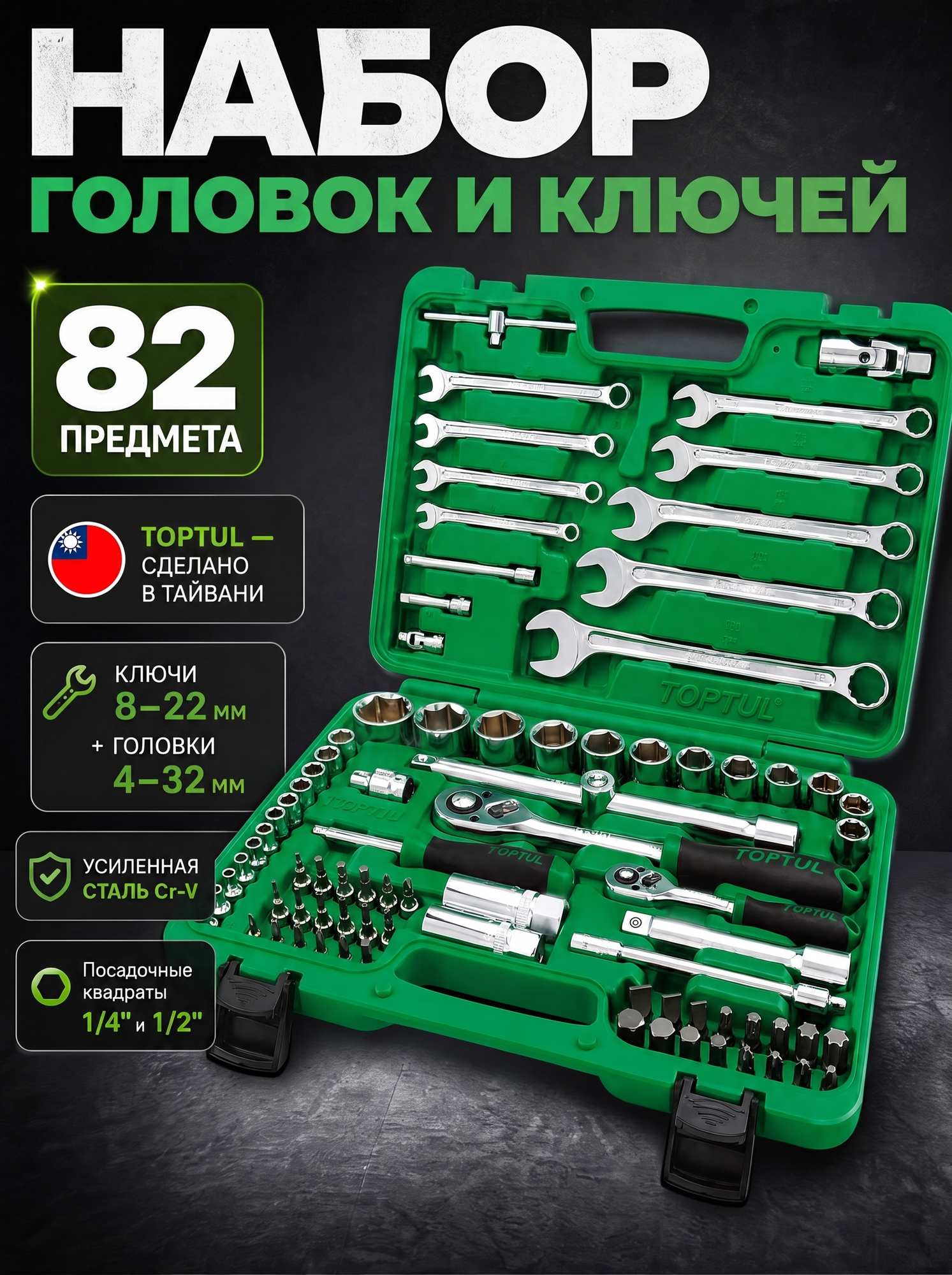 Набор головок и ключей 82предм. 1/4