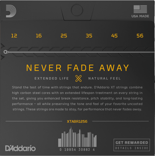 Комплект струн для акустической гитары d'addario xtabr1256 - струны для акустической гитары с стальными верхами ny и басами с бронзовой обмоткой 80/20 по шестигранной основе и обработкой xt. слабое натяжение верхов и среднее басов, толщина .012-.056 дюйма