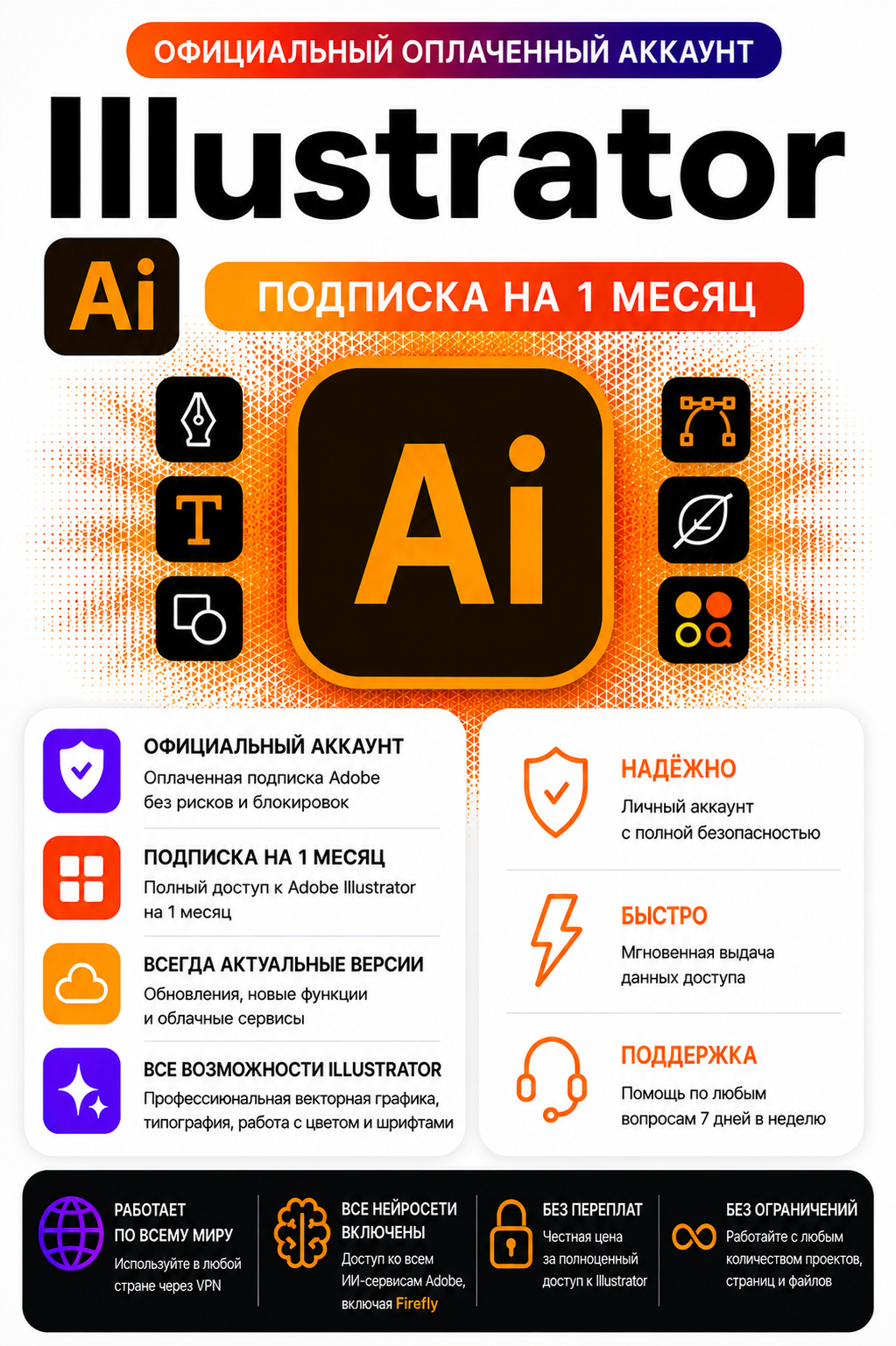 Adobe Illustrator готовый оплаченный аккаунт с подпиской на 1 месяц, нейросети Nano Banana и др, 4к кредитов