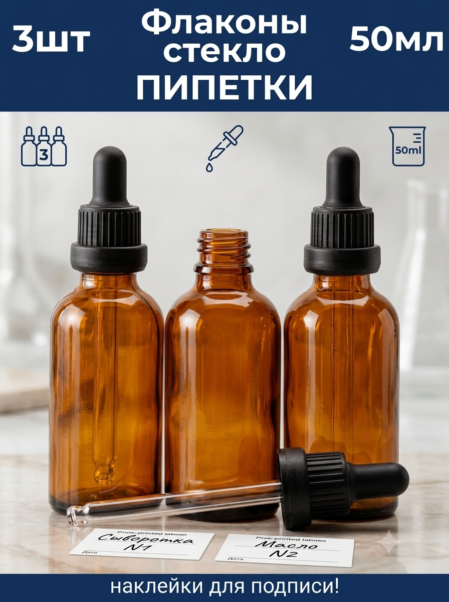 Флаконы пустые стекло с пипеткой 50мл