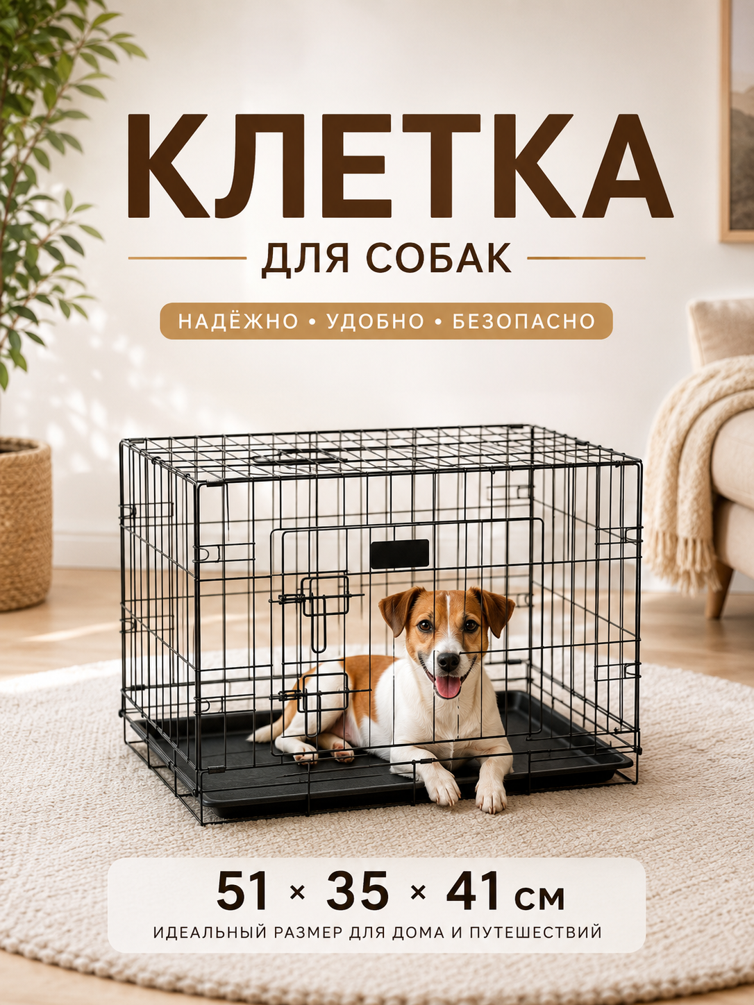 Клетка для собак Пижон, 51 х 35 х 41 см, черная, металл, пластик