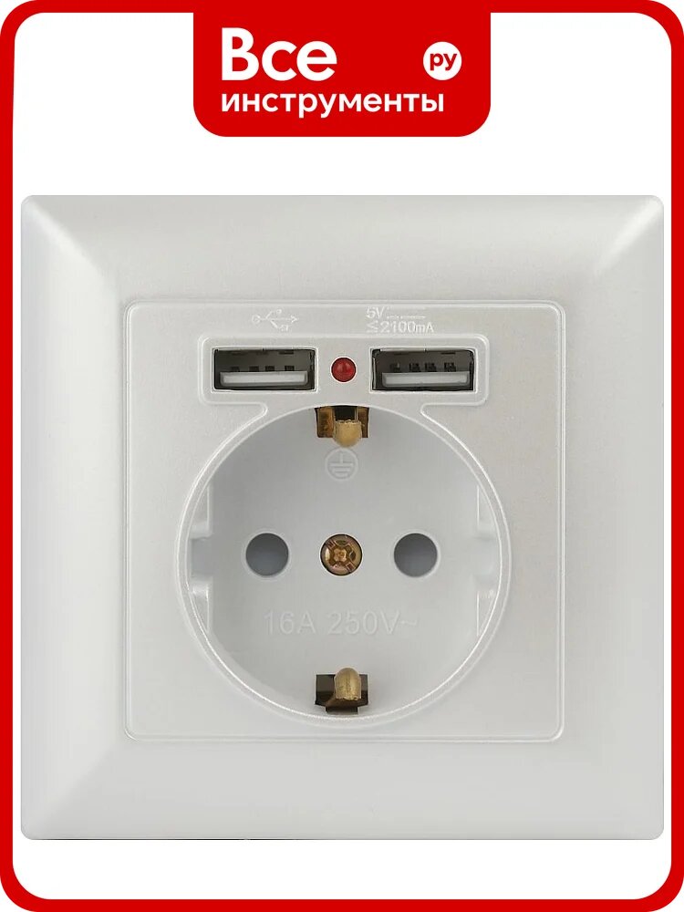 Розетка Intro Solo с заземл P+E Schuko со шторками, 16А-250В + 2хUSB, IP20, СУ, перламутр, Б0053718