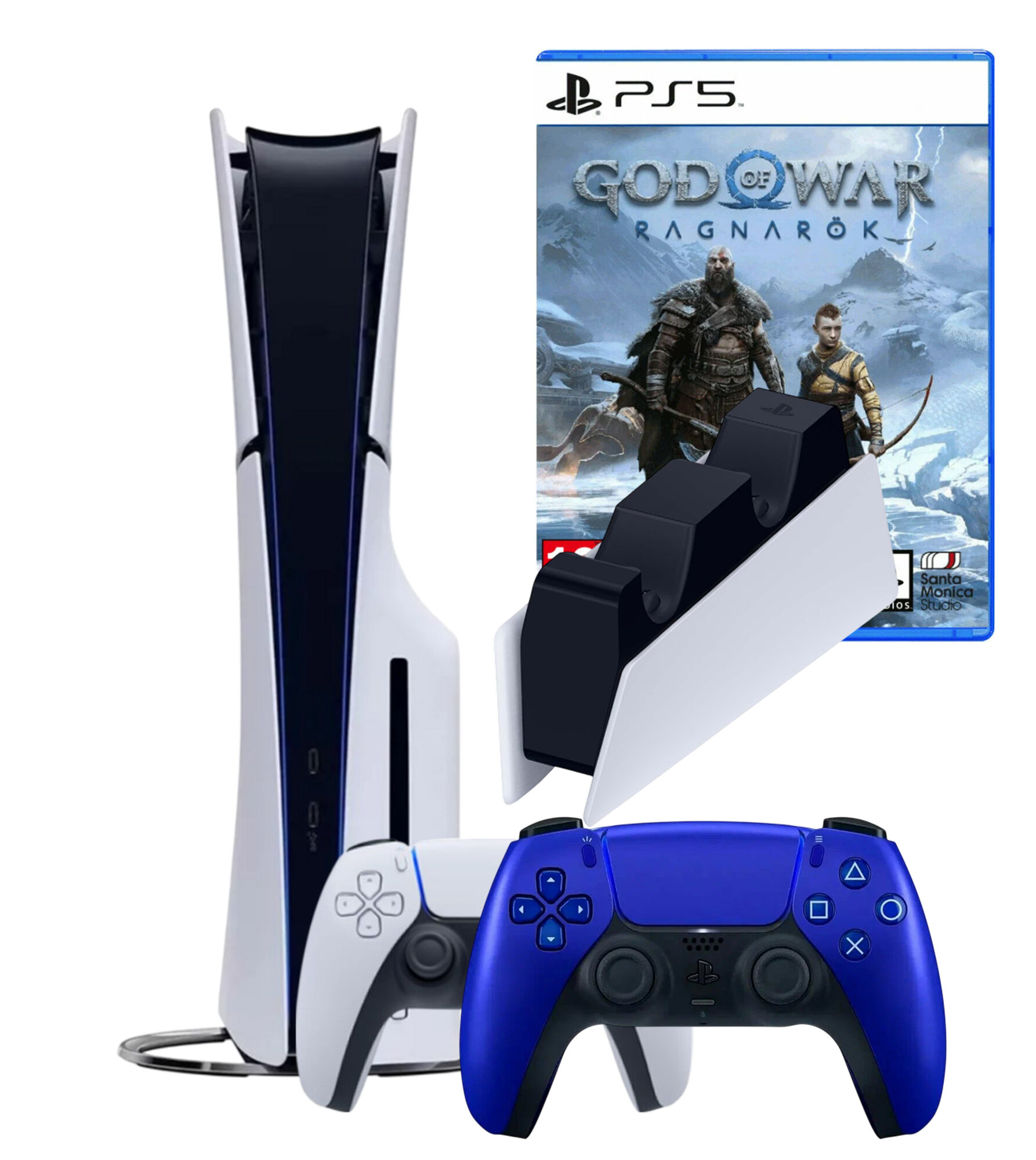 Игровая приставка Sony PS5 Slim + 2й геймпад синий кобальт + игра God of War + станция зарядки