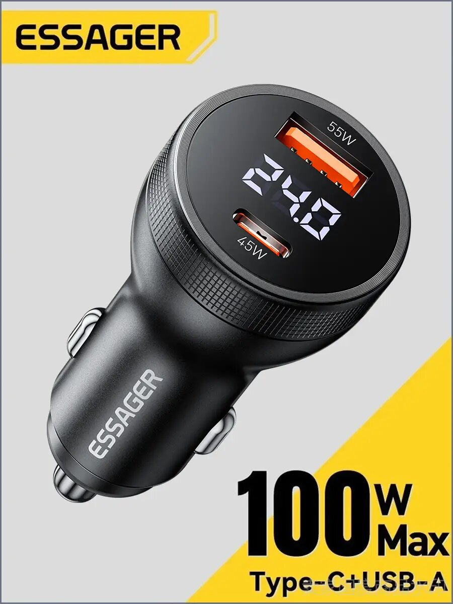 Автомобильное зарядное устройство Essager 55Вт+45Вт, быстрая зарядка, USB A + USB C