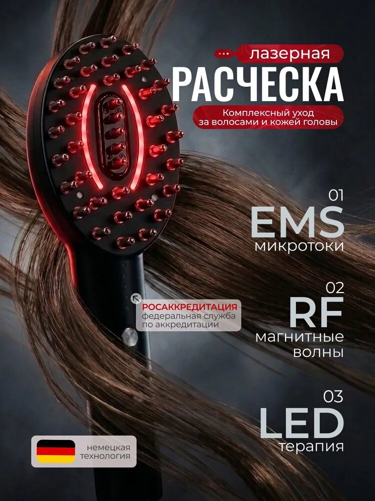 Лазерная массажная расческа, дарсонваль, микротоковая расческа, с микротоками EMS и LED терапией, с отрицательными ионами для роста и укрепления волос
