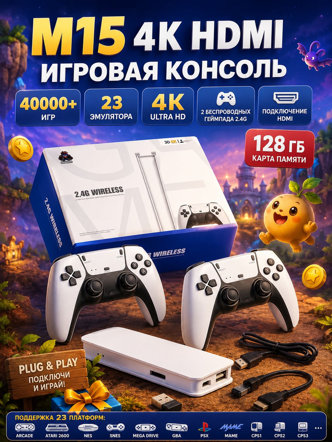 Игровая консоль M15 4K HDMI с 2 беспроводными геймпадами 2.4G, 128 ГБ, 40000+ игр