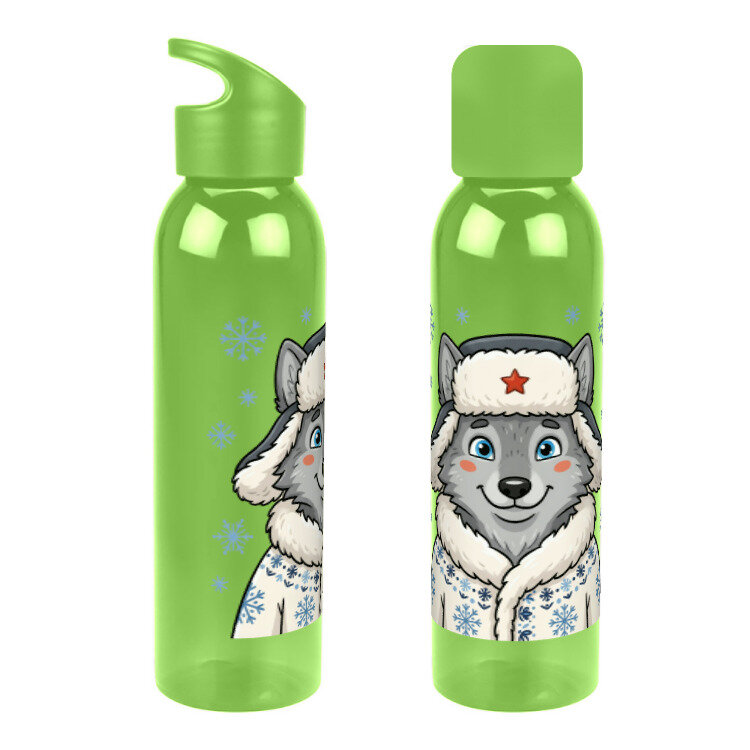Бутылка для воды «Волк в ушанке со звездой, 23 февраля, зима» (зеленый)