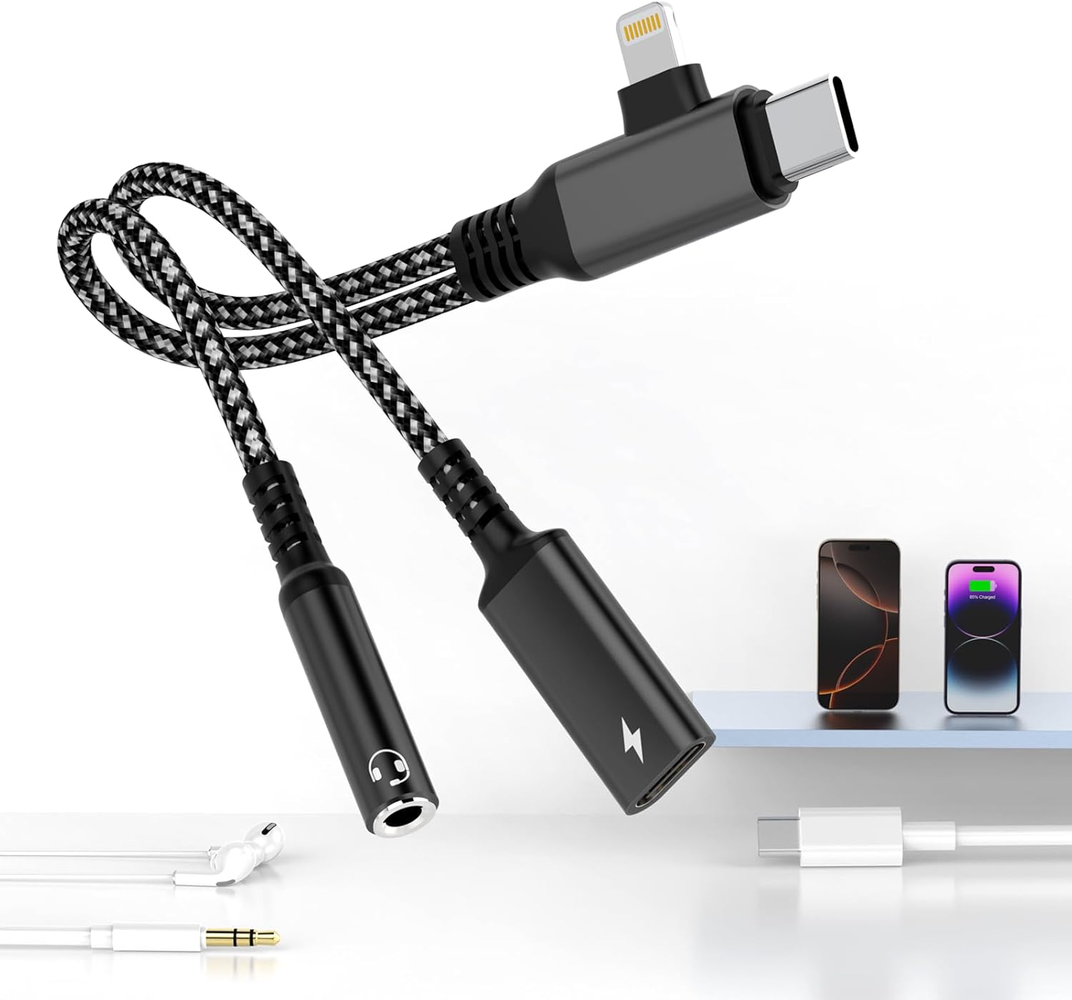 Адаптер Opluz Lightning& C на 3.5 мм для наушников и зарядки, 2-в-1 USB C на аудиоразъем Aux и кабель-сплиттер быстрой Type C мощностью 60 Вт, совместимый с телефонами 16, 15, 14, 13, G