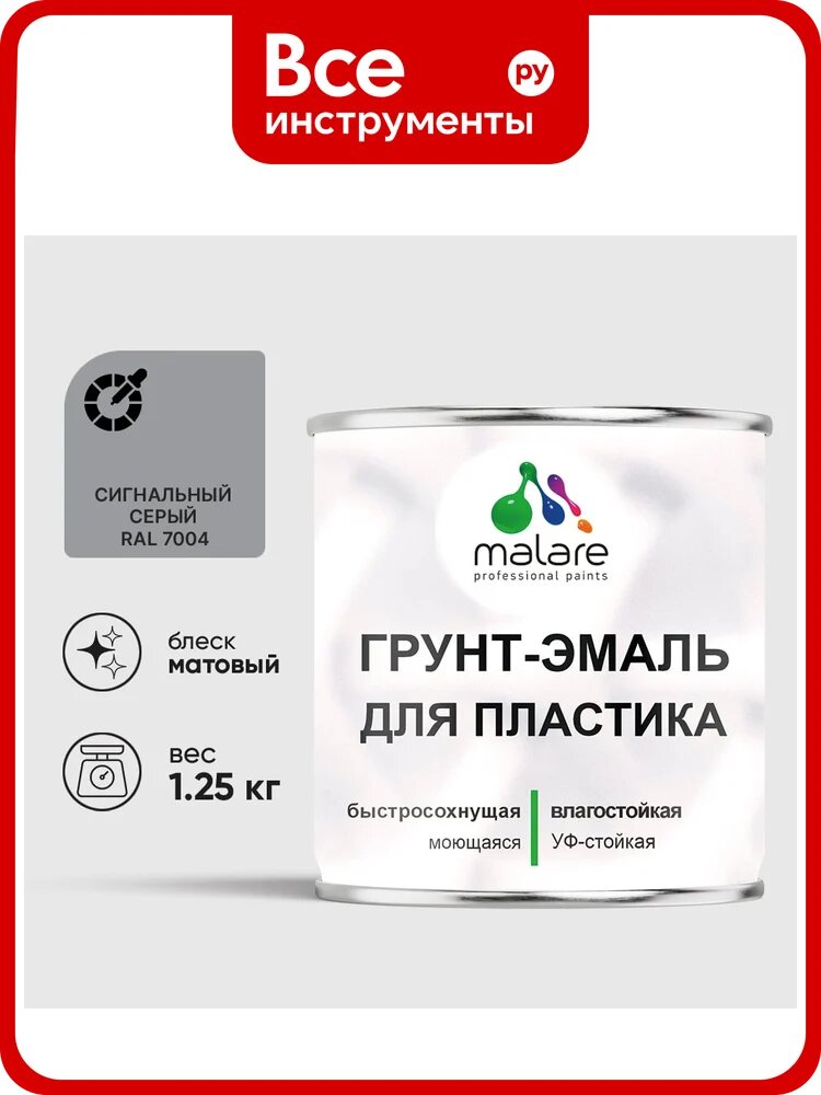 Грунт-Эмаль MALARE для пластика, окон и подоконников, сайдинга, матовый, сигнальный серый 1,25 кг ГЭПЛСТ7004М0125