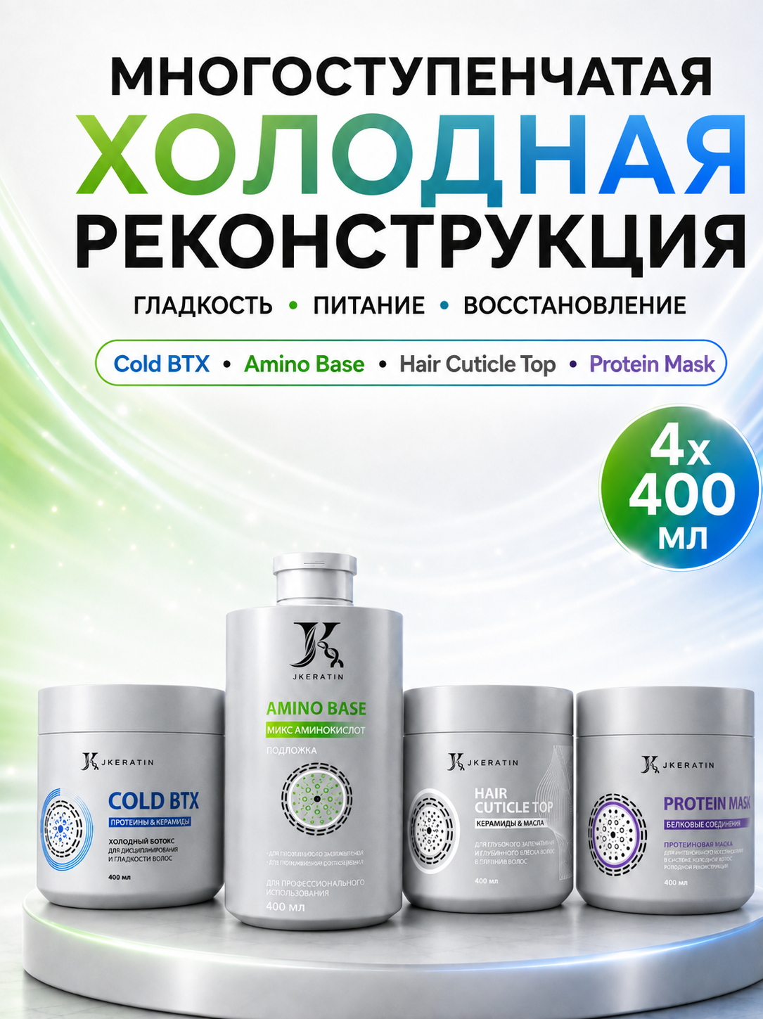 Маска для волос JKERATIN Салонный уход, ламинирование, питание, 4 банки по 400 мл