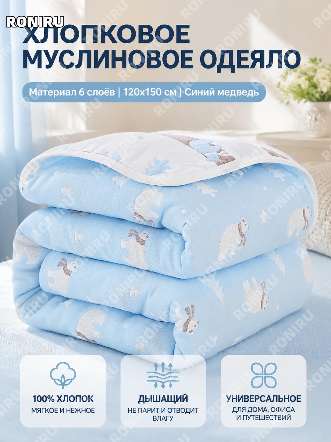 Хлопковое одеяло плед 6 слоев из марли Северный медведь синий 120×150 см A класса для мам и малышей летнее для дома
