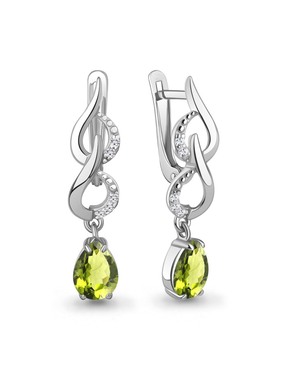 Серьги серебро, 925 проба, родирование, фианит, хризолит