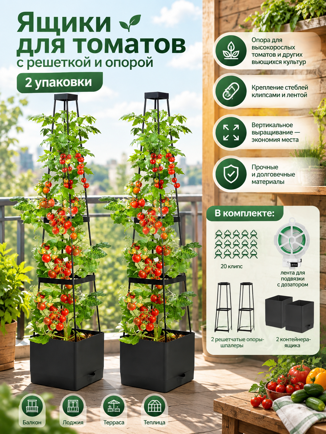 Ящики для томатов с решеткой и опорой, 2 набора: контейнеры, шпалеры, клипсы и лента для подвязки