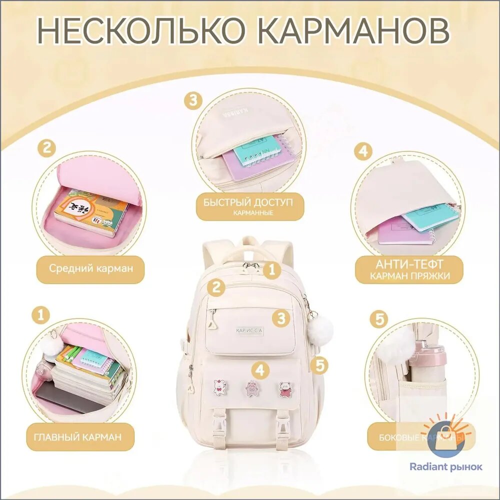 Babilu Рюкзак для девочек, бежевый, 43 см, в комплекте с пеналом и сумкой через плечо — фото 1