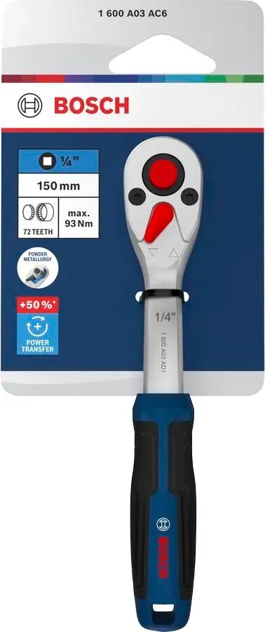 Ключ трещетка флажковая для торцевых головок 1/4", 72 зубца, 93Нм, длина 150 мм, BOSCH 1600A03AC6