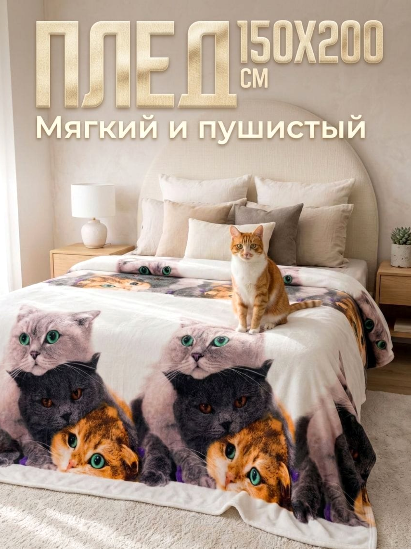 Плед 150х200 Павлина Котики на белом на диван пушистый мягкий