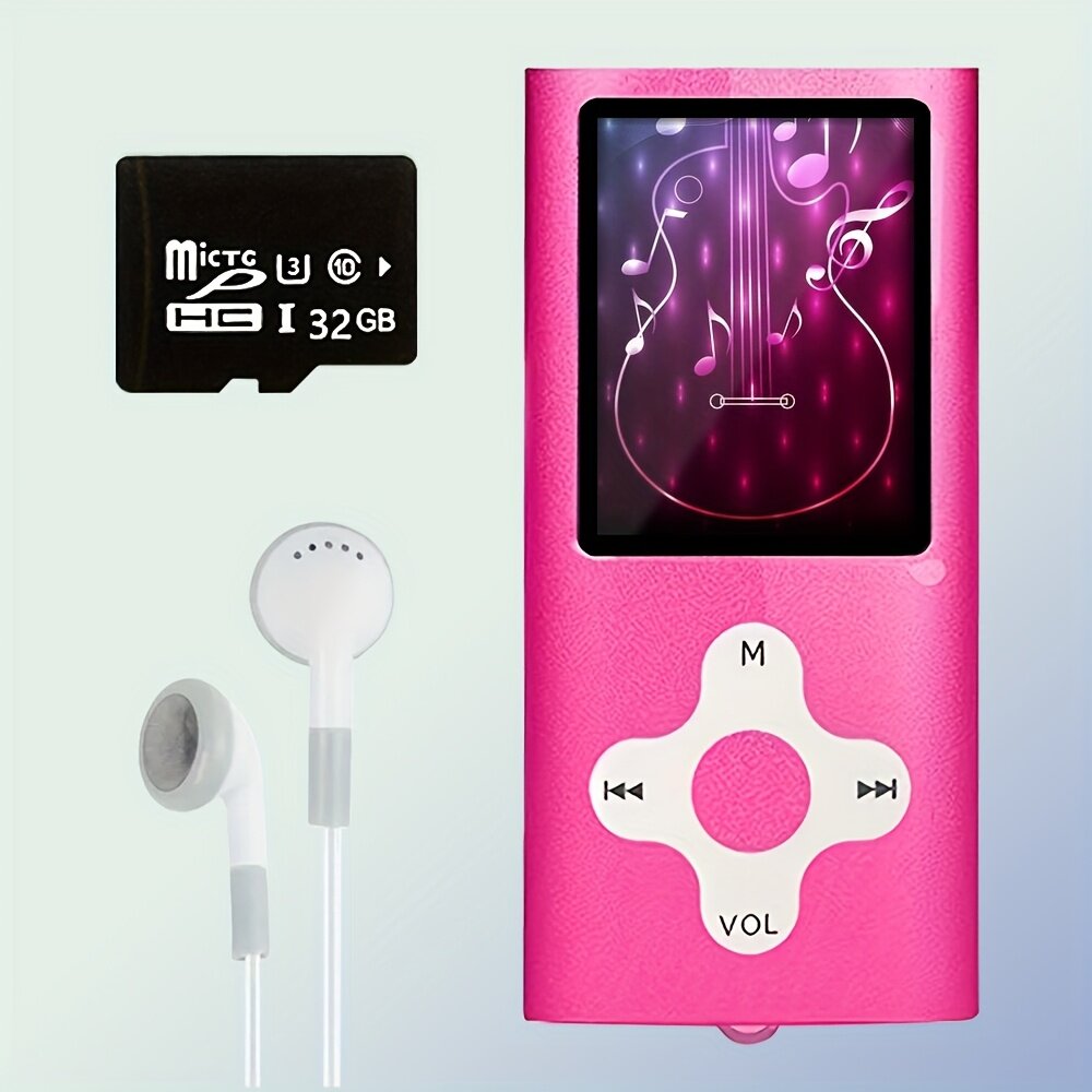 Портативный цифровой плеер MP3/MP4 с картой памяти 32 ГБ, 1.8-дюймовым LED-экраном и наушниками с шумоподавлением, розовый